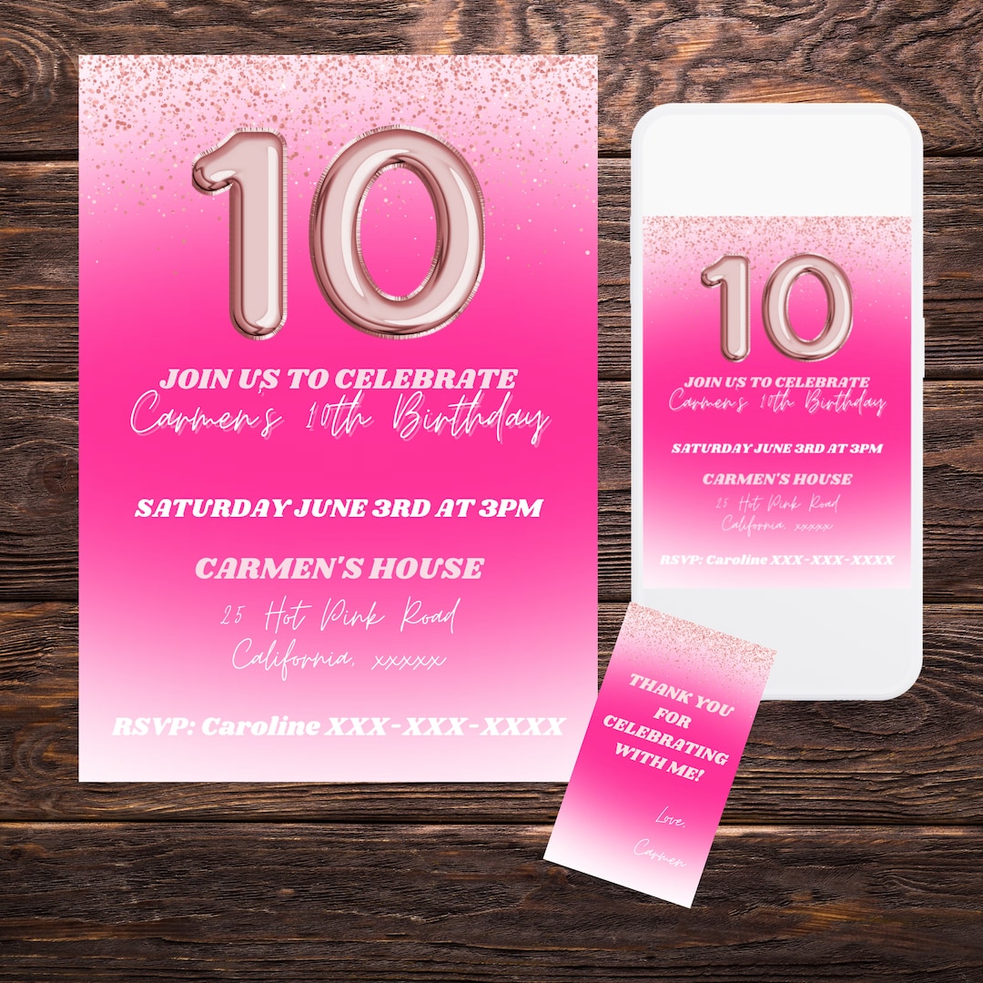 Shades of Pink Girls 10th Birthday Editable Invitation Template With ...