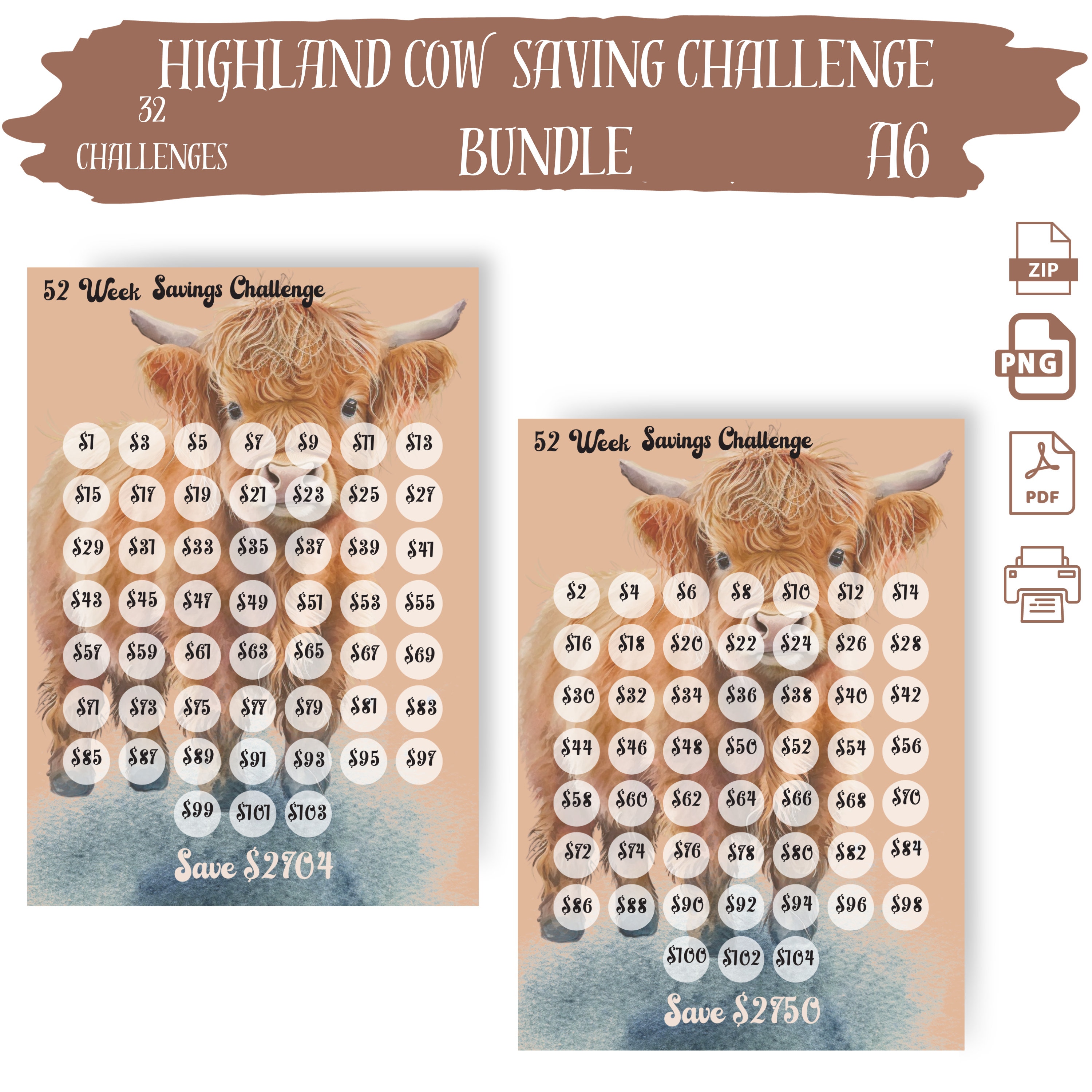 PRINTABLE A6 Highland Cow Money Saving Challenge, Savings Tracker ...