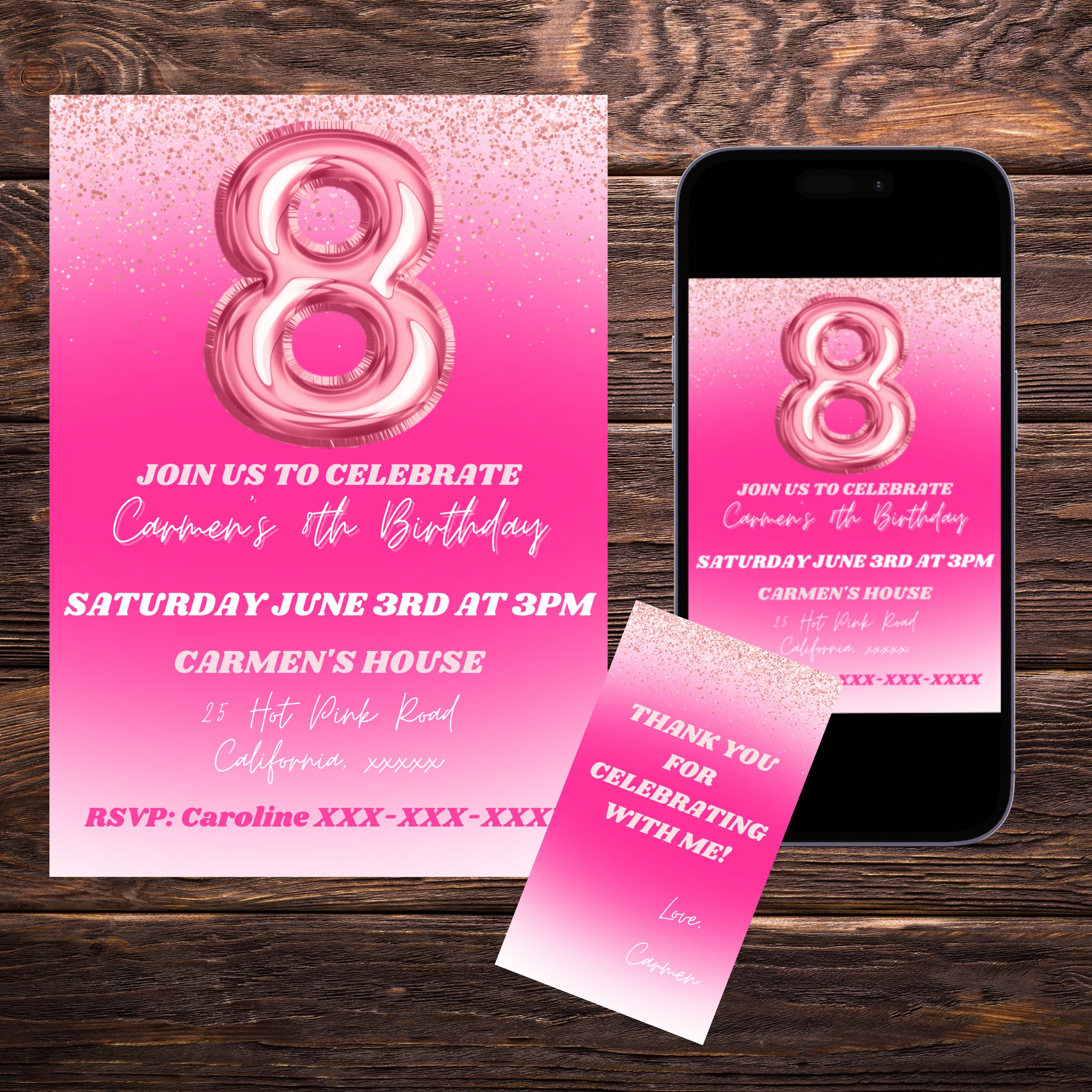 Shades of Pink Girls 8th Birthday Editable Invitation Template With ...