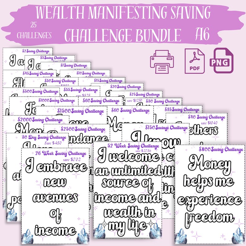 PRINTABLE A6 Wealth Manifesting Money Saving Challenge, Savings Tracker ...