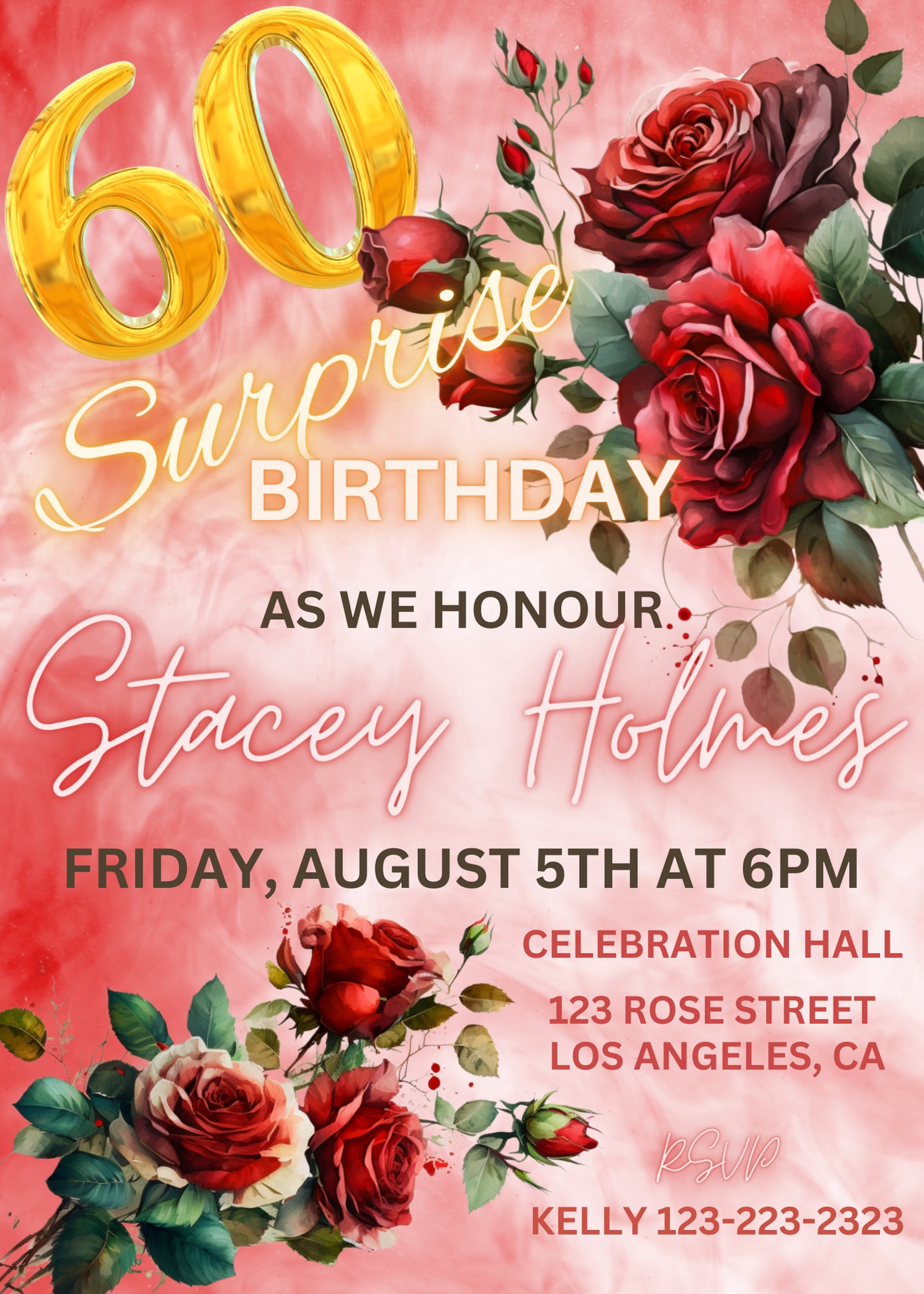 Editable Surprise 60th Birthday Invitations for Women, Red Rose Gold ...