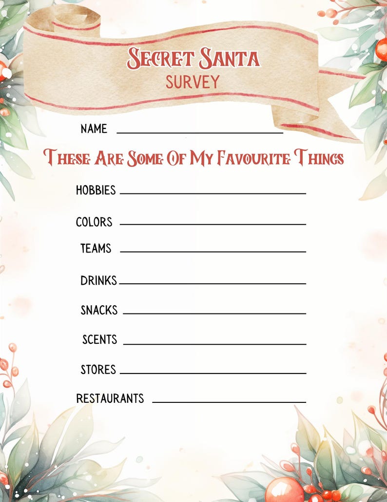 Secret Santa Questionnaire Printable Bundle for Workplace Secret Santa ...