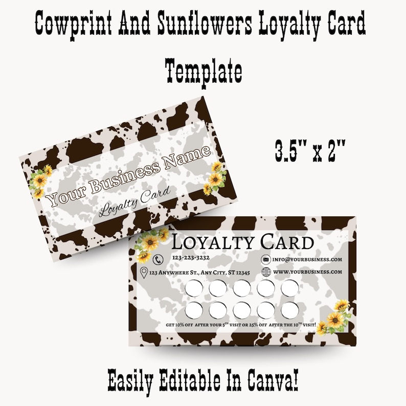 Editable Loyalty Card Template Cow Print Sunflowers Canva Business Card ...