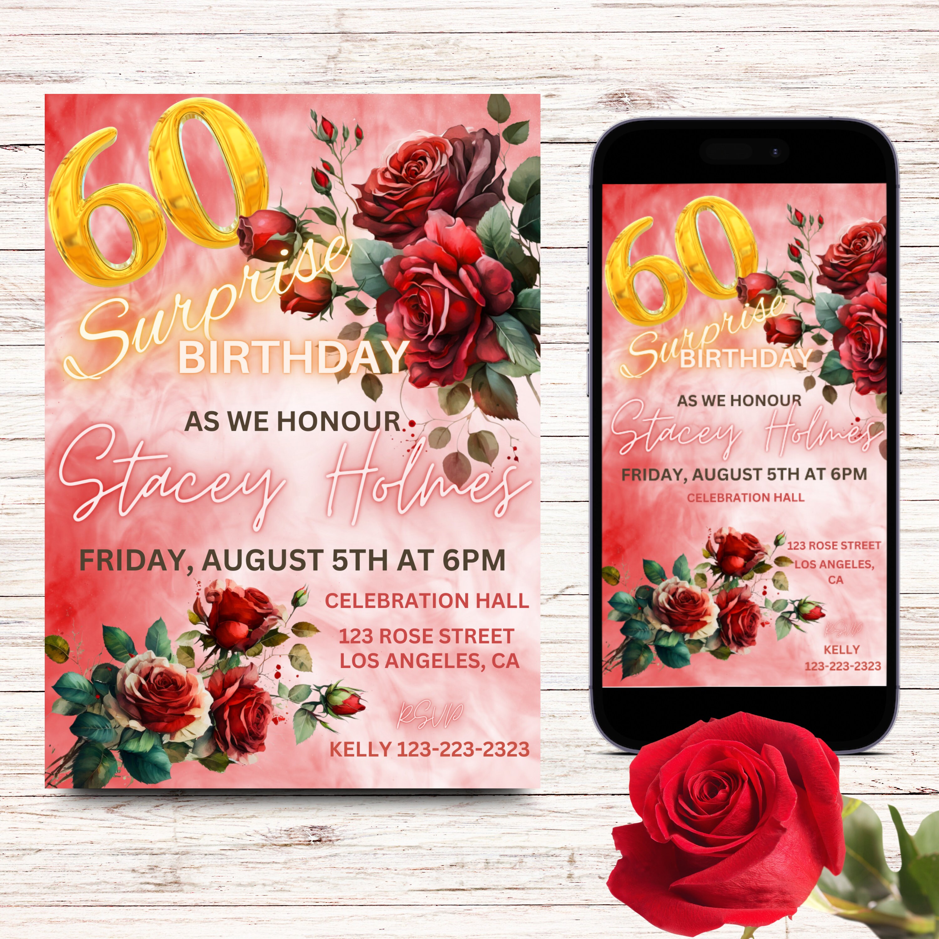 Editable Surprise 60th Birthday Invitations for Women, Red Rose Gold ...