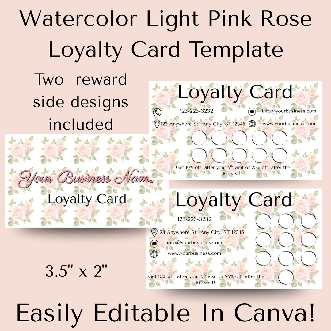 Romantic Rose Loyalty Card Template Canva Editable Punch Card Floral ...