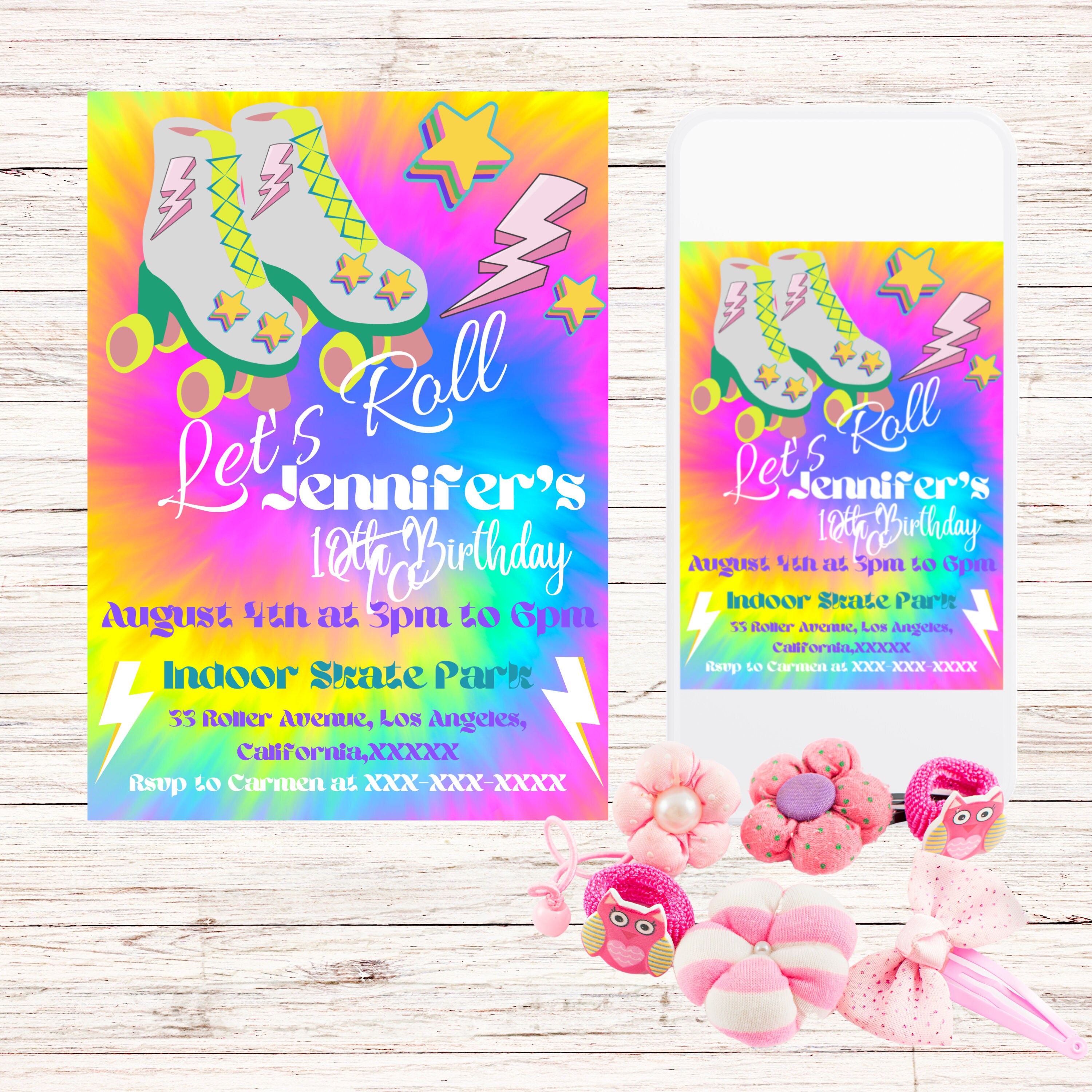 Roller Skating Tie-dye Invitation, Roller Skating Birthday Invitation, Roller Skating Rainbow ...