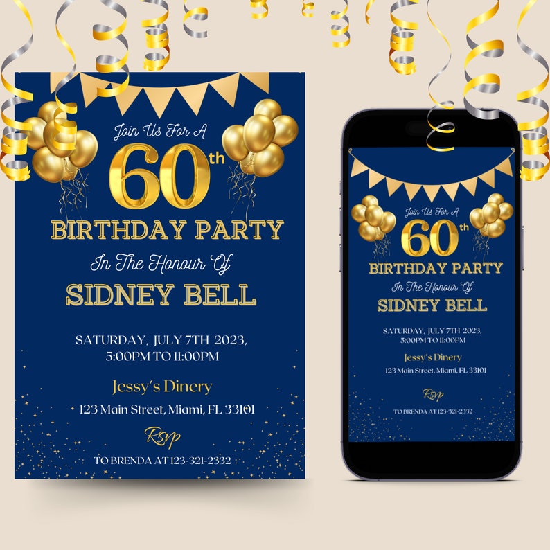 Editable Golden Balloons 60th Birthday Invitation Digital Template ...