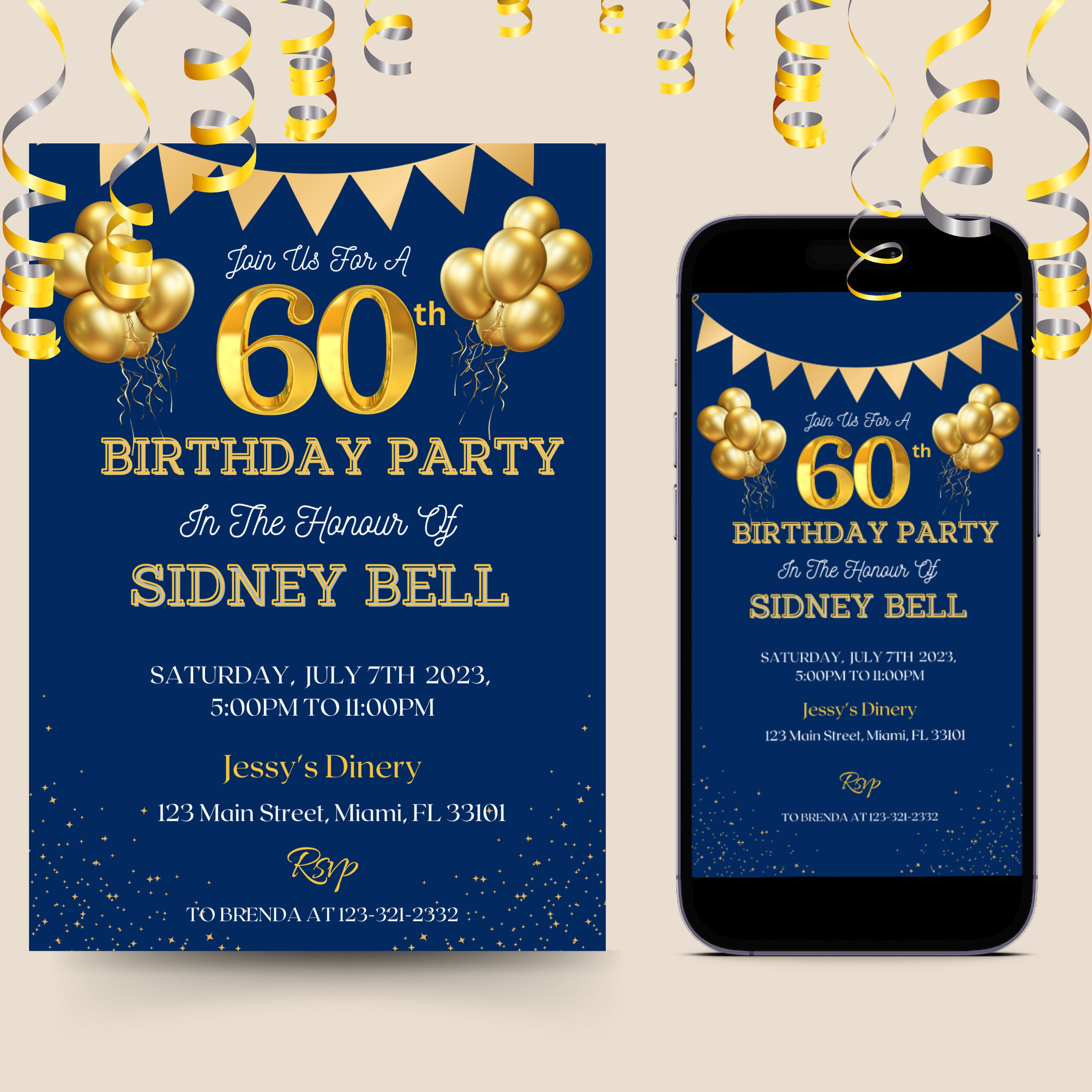 Editable Golden Balloons 60th Birthday Invitation Digital Template ...