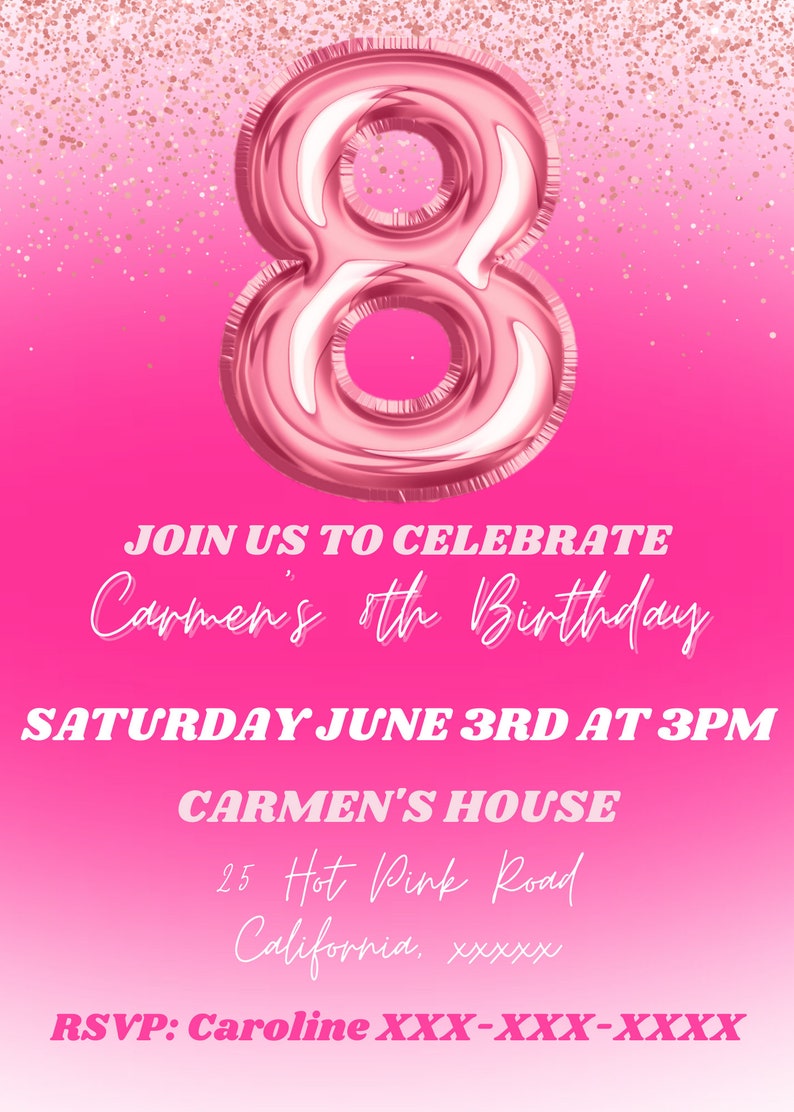 Shades of Pink Girls 8th Birthday Editable Invitation Template With ...