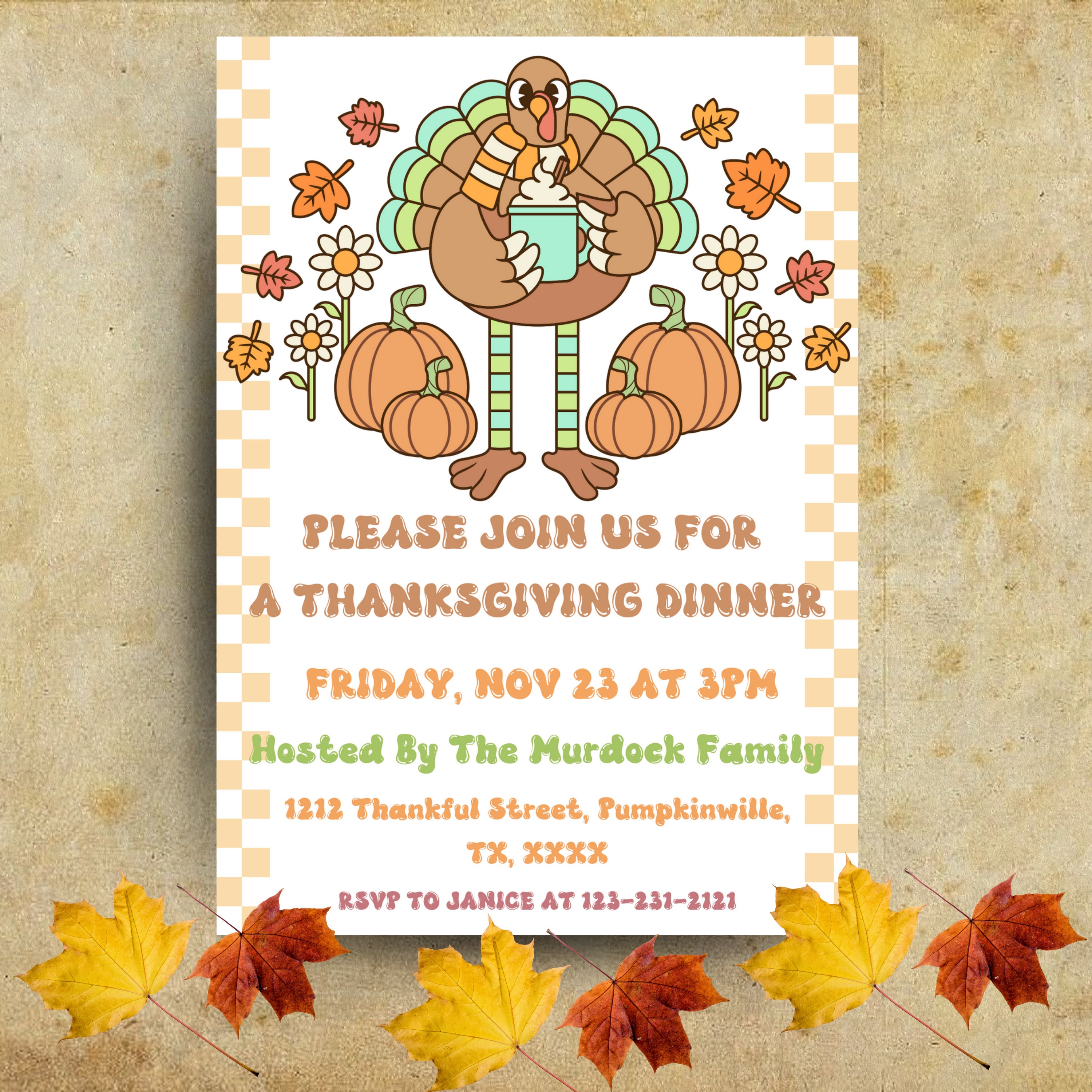Retro Thanksgiving Invitation Template Fall Groovy Thanksgiving ...