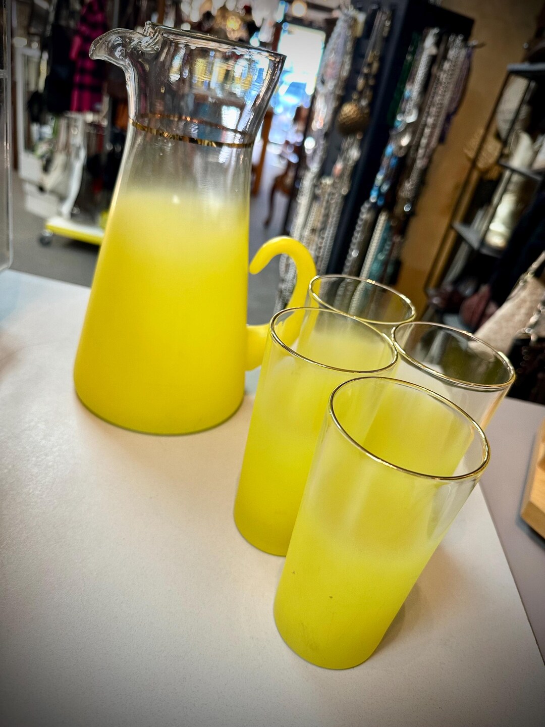 Vintage Mid Century MCM Frosted Sunshine Yellow Pitcher With 4 Glasses ...