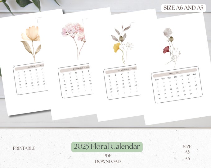 Printable Floral Desk Calendar 2025, Hanging Flowers Mini Desk Calendar ...