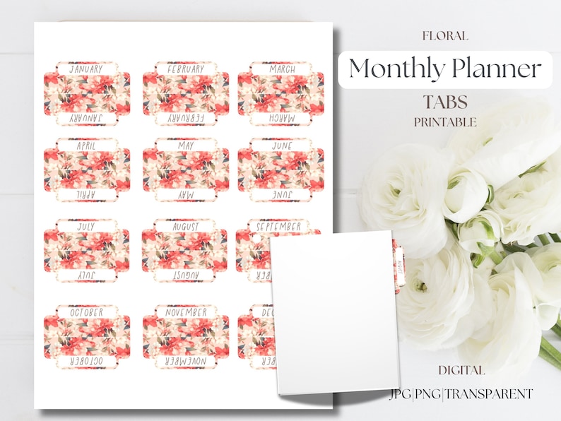 Floral Monthly Planner Tabs: Printable Calendar (PNG, JPG) - Etsy
