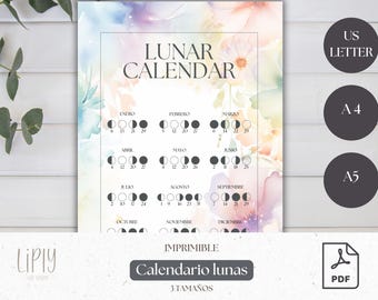 2025 Lunar Calendar Printable, Moon Phases PDF, Minimalist Watercolor ...
