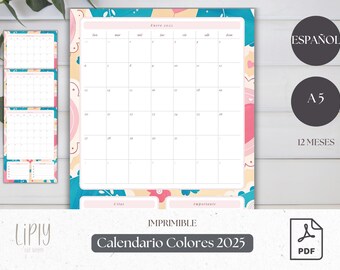 Colorful 2025 Printable Calendar: A5 Monthly Planner in Spanish (PDF ...