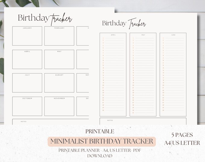 Birthday Tracker Printable: Minimalist Birthday Calendar (PDF) - Etsy