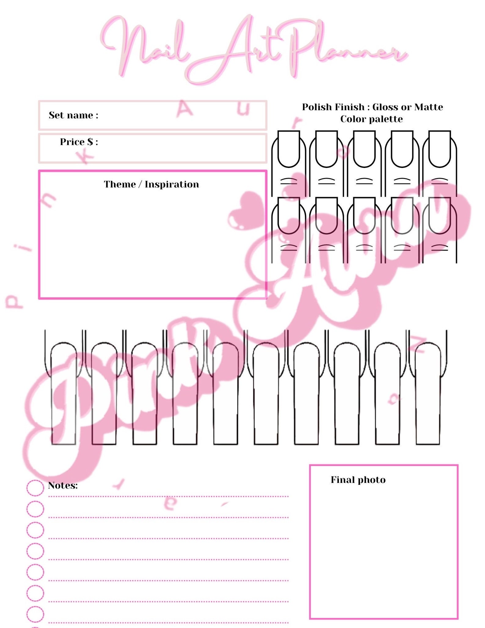 Nail Art Planner XL - Nail Mapping 1 Page Can Be Duplicated - Etsy