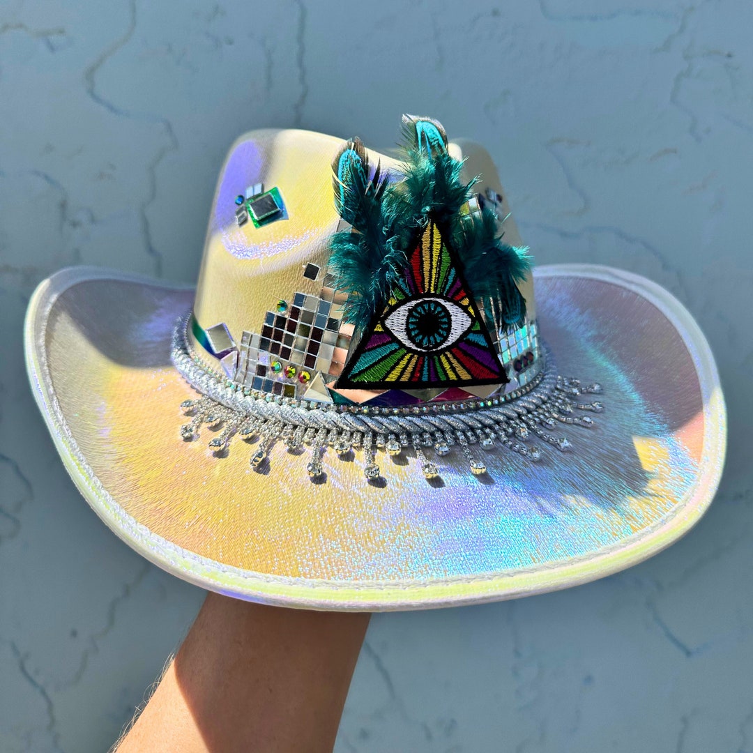 Disco Space Cowboy Hat: Iridescent Rhinestone Rave Outfit Festival - Etsy
