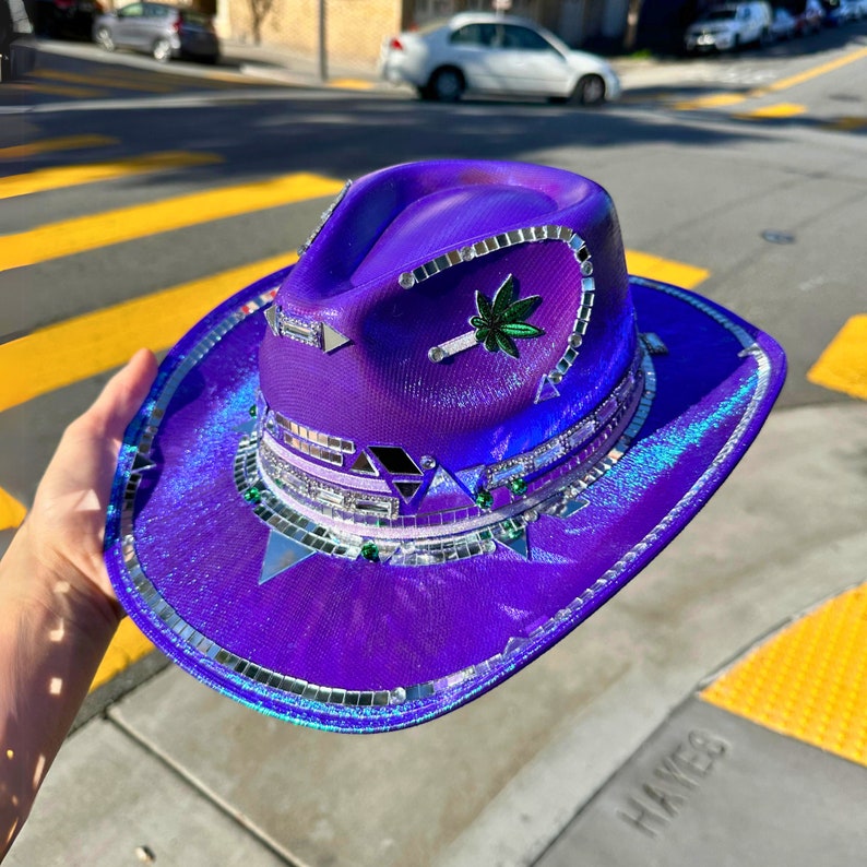 420 Hemp Leaf Disco Space Cowboy Hat • Cowgirl Outfit Festival Burning ...
