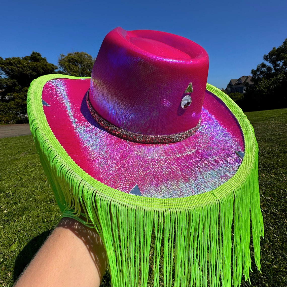Googly Eyes Disco Cowgirl Hat: Pink Rhinestone Iridescent Neon Fringe ...