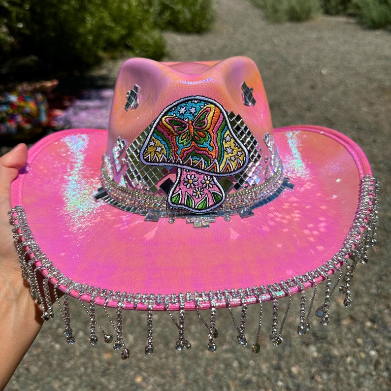 Disco Cowgirl Hat: Iridescent Pink Rhinestone, Mushroom, Rave Hat ...