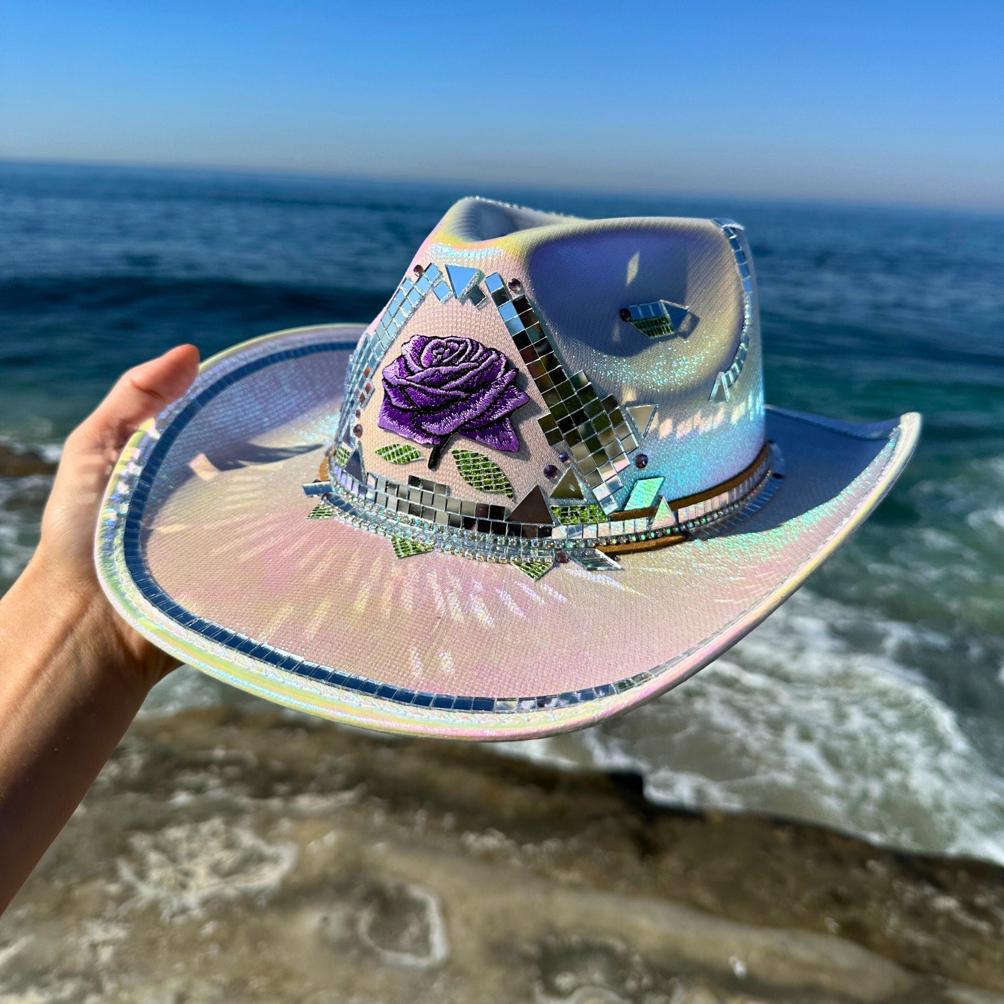 CUSTOM Desert Rose Cowgirl Hat • Disco Space Cowboy White Holographic ...