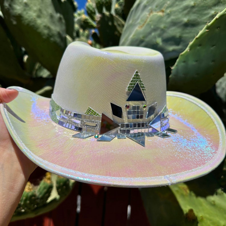 CUSTOM Disco Space Cowboy Hat Space Cowgirl Outfit White Iridescent ...