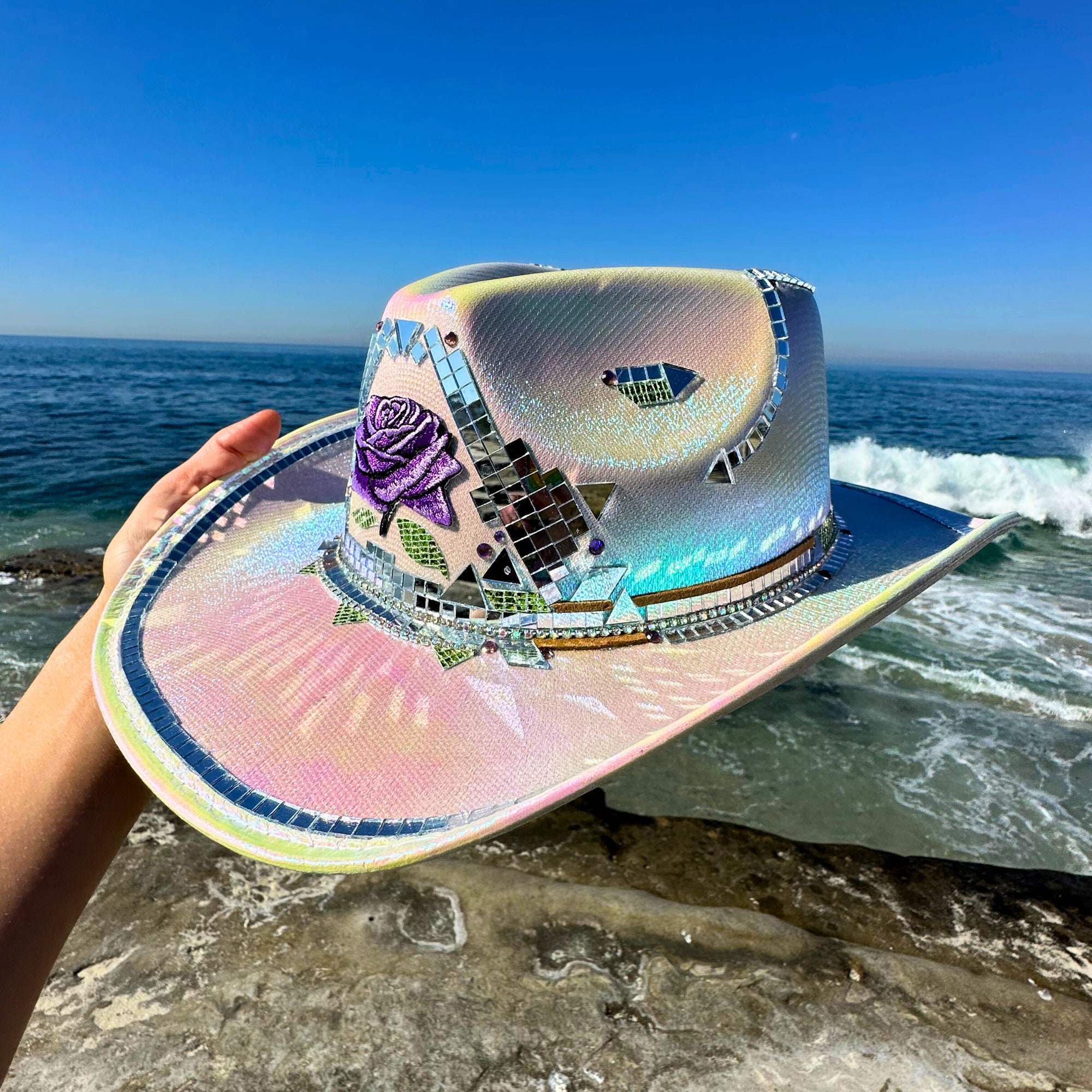 CUSTOM Desert Rose Cowgirl Hat • Disco Space Cowboy White Holographic ...
