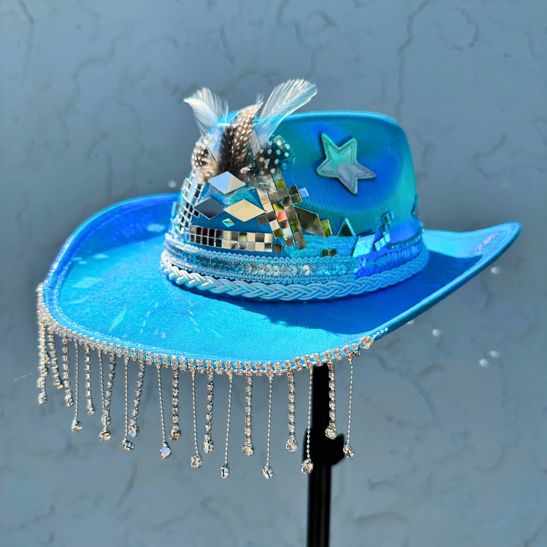 Disco Cowboy Hat: Blue Iridescent Rhinestone Fringe, Cosmic Cowgirl ...