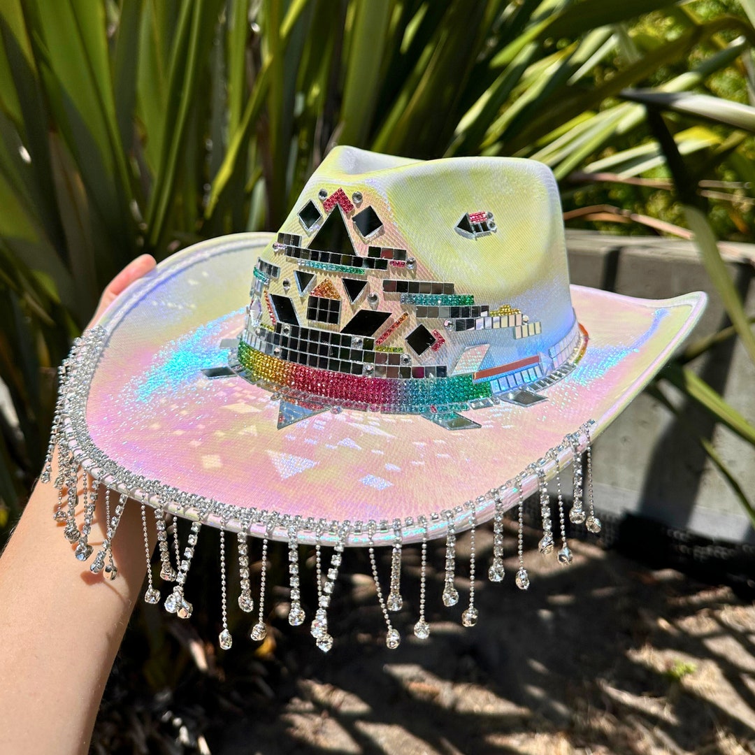 Rainbow Disco Cowboy Hat: Iridescent Rhinestone Space Cowgirl Outfit ...