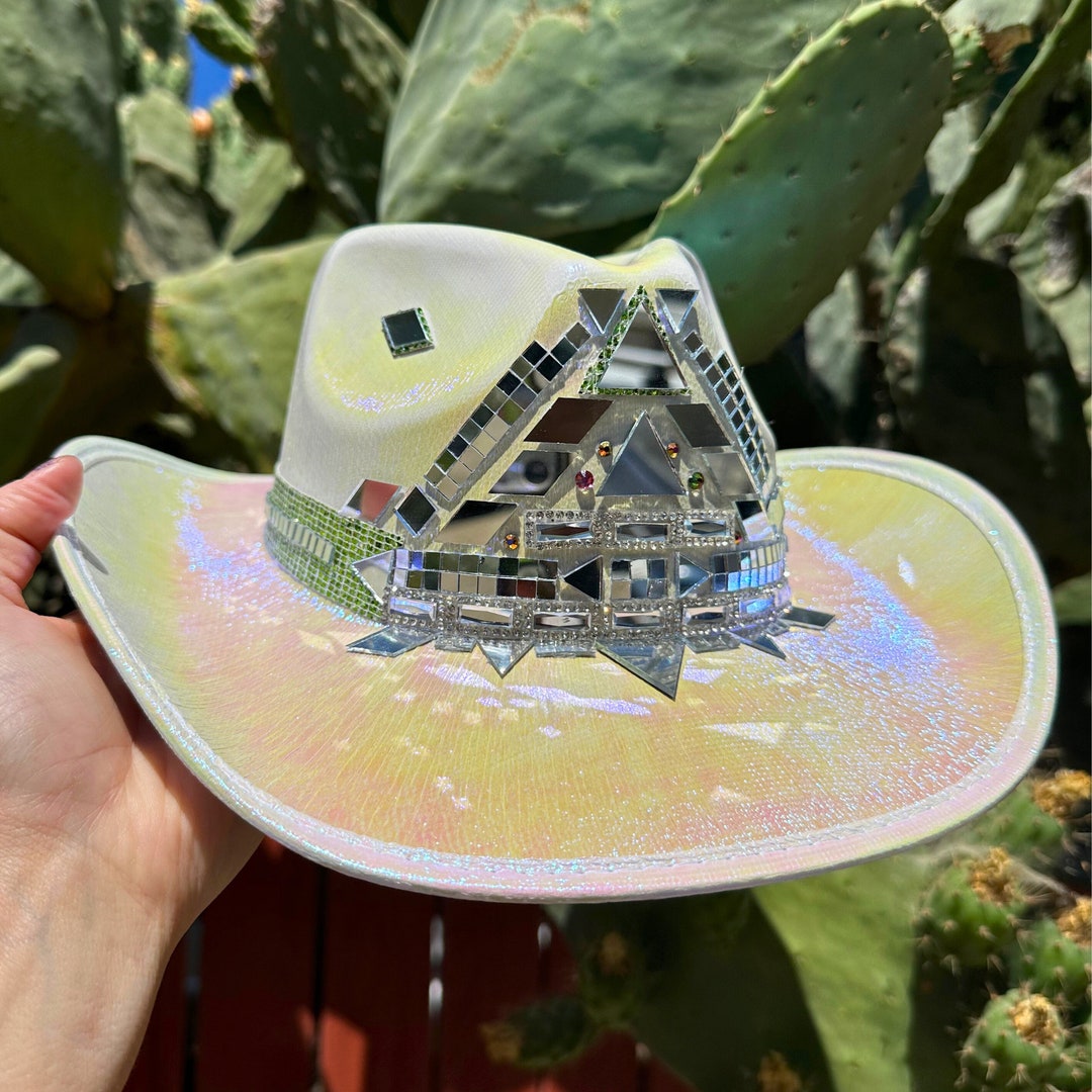 CUSTOM Disco Space Cowboy Hat • Space Cowgirl Outfit • White Iridescent ...