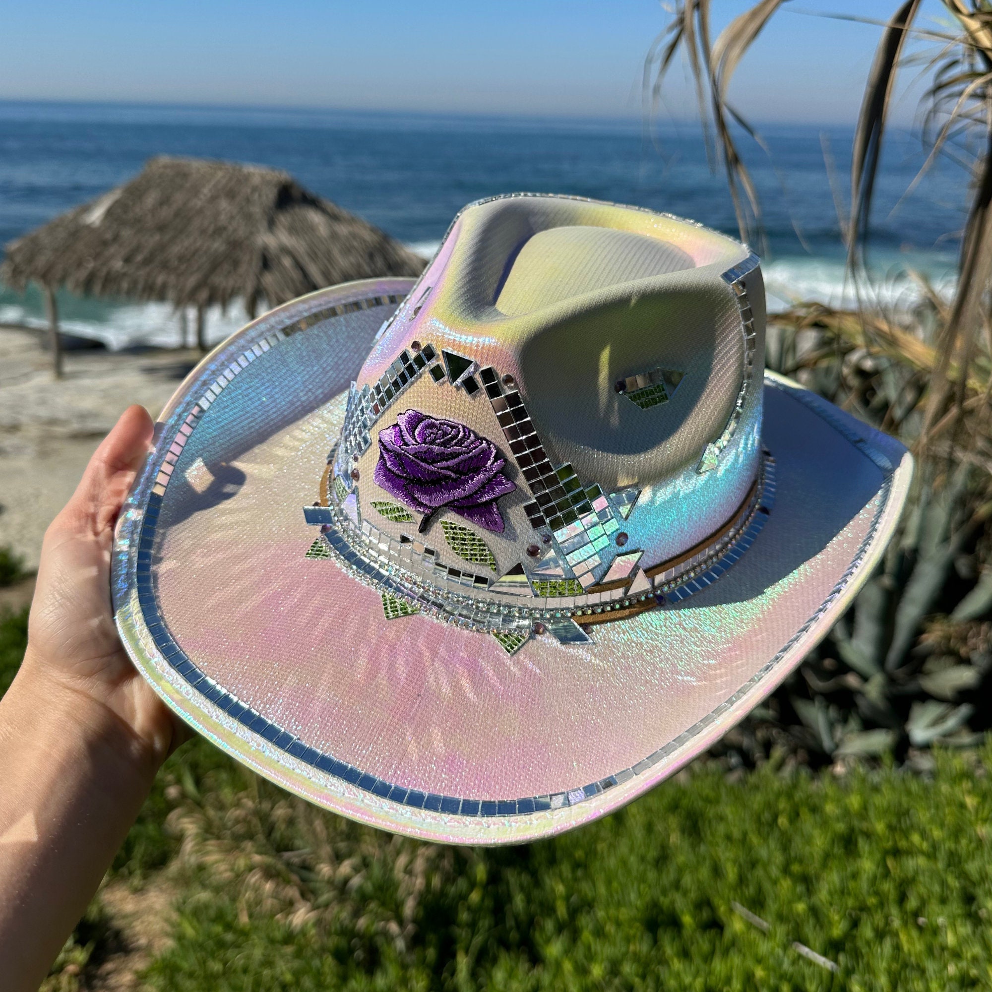 CUSTOM Desert Rose Cowgirl Hat • Disco Space Cowboy White Holographic ...