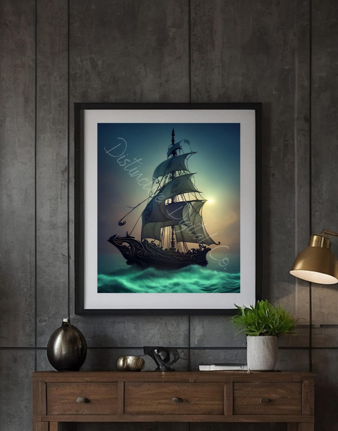 Fantasy Pirate Ship Wall Art Digital Ocean Scene Emerald Wave Print ...
