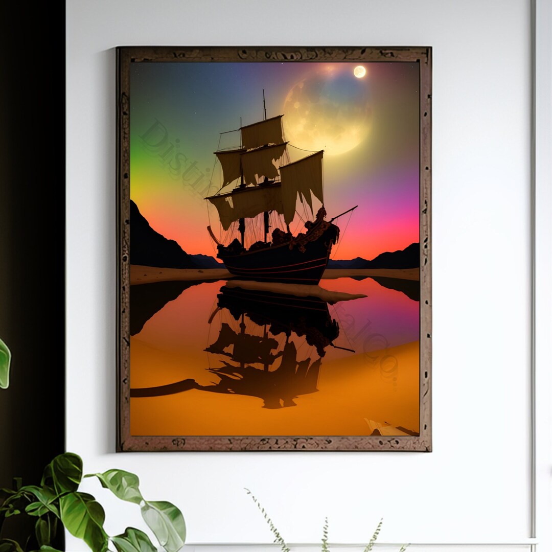 Celestial Desert Sunset and Pirate Ship Digital Art Print,sailboat ...