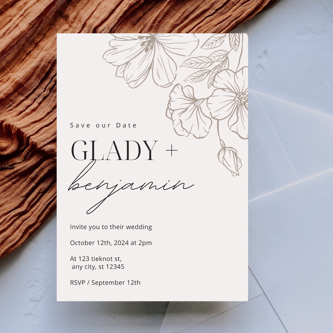 Minimalist Floral Wedding Invitation Personalized Outline Floral Simple ...