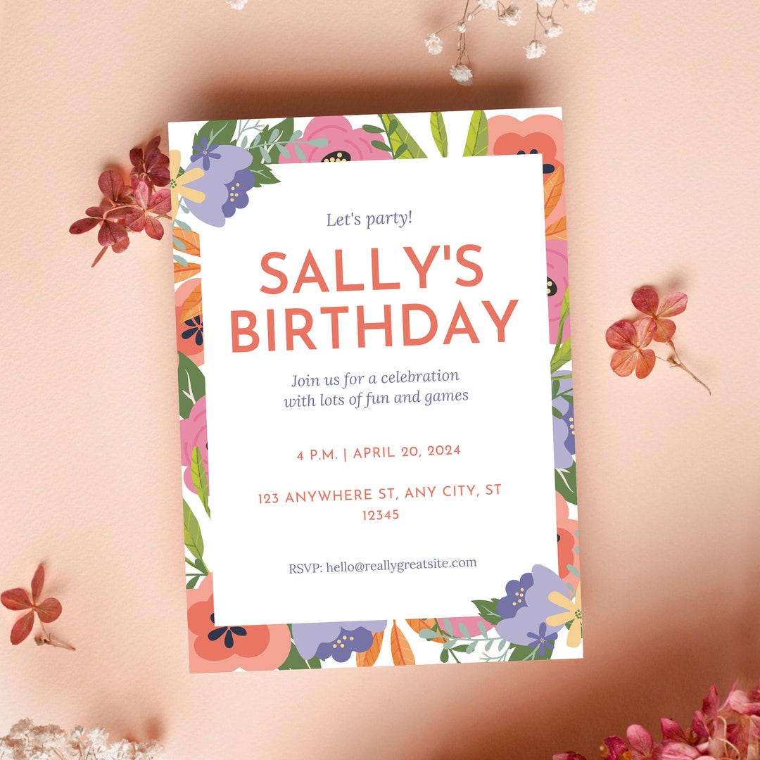Floral Border Girls Party Invitation Personalized Flat Form Flower ...