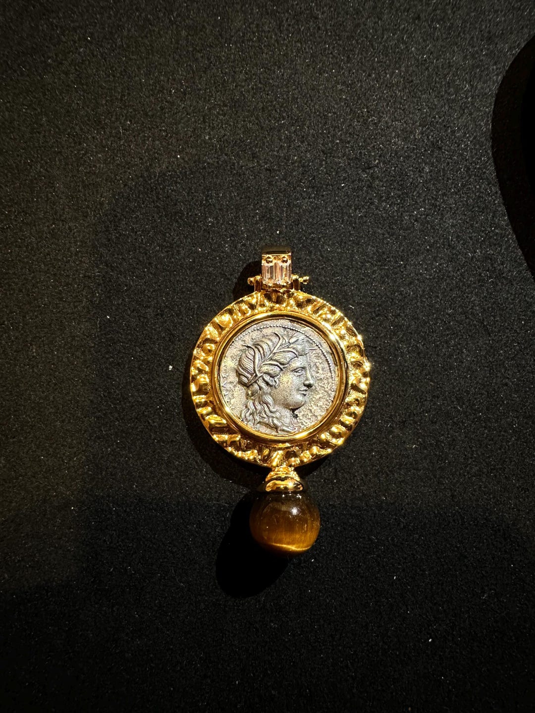 Ancient Greek Apollo Maleatas Coin 18k Gold Vermeil Tiger Eyes Gemstone ...