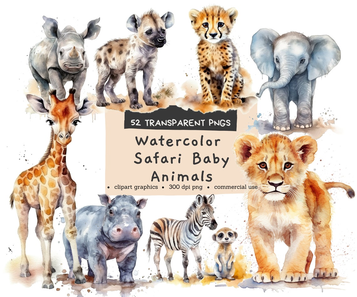 Safari Baby Animals Watercolor Clipart Nursery Cute Digital - Etsy