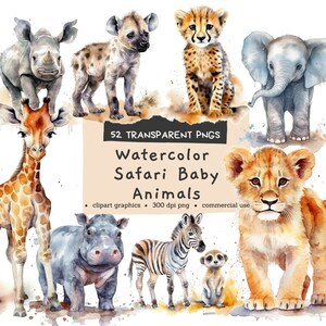 Safari Baby Animals Watercolor Clipart, Nursery, Cute, Digital ...