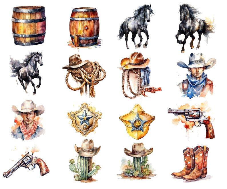 Watercolor Western Clipart, Texas Cowboy Ranch, Digital Pintables ...