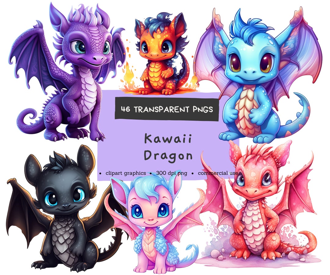 Adorable Dragon Clipart Set, Kawaii Dragon, Chibi Dragon, Digital ...