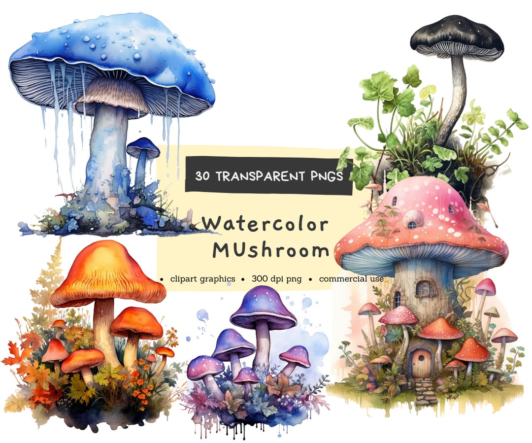Mushroom Watercolor Clipart, Fantasy, Forest, Digital Pintables, Bundle ...