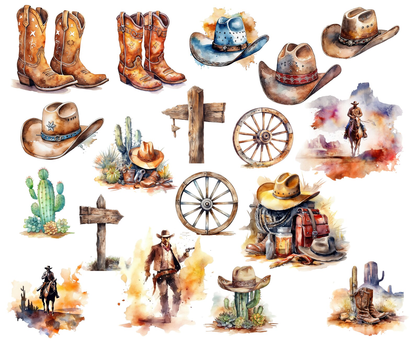 Watercolor Western Clipart, Texas Cowboy Ranch, Digital Pintables ...