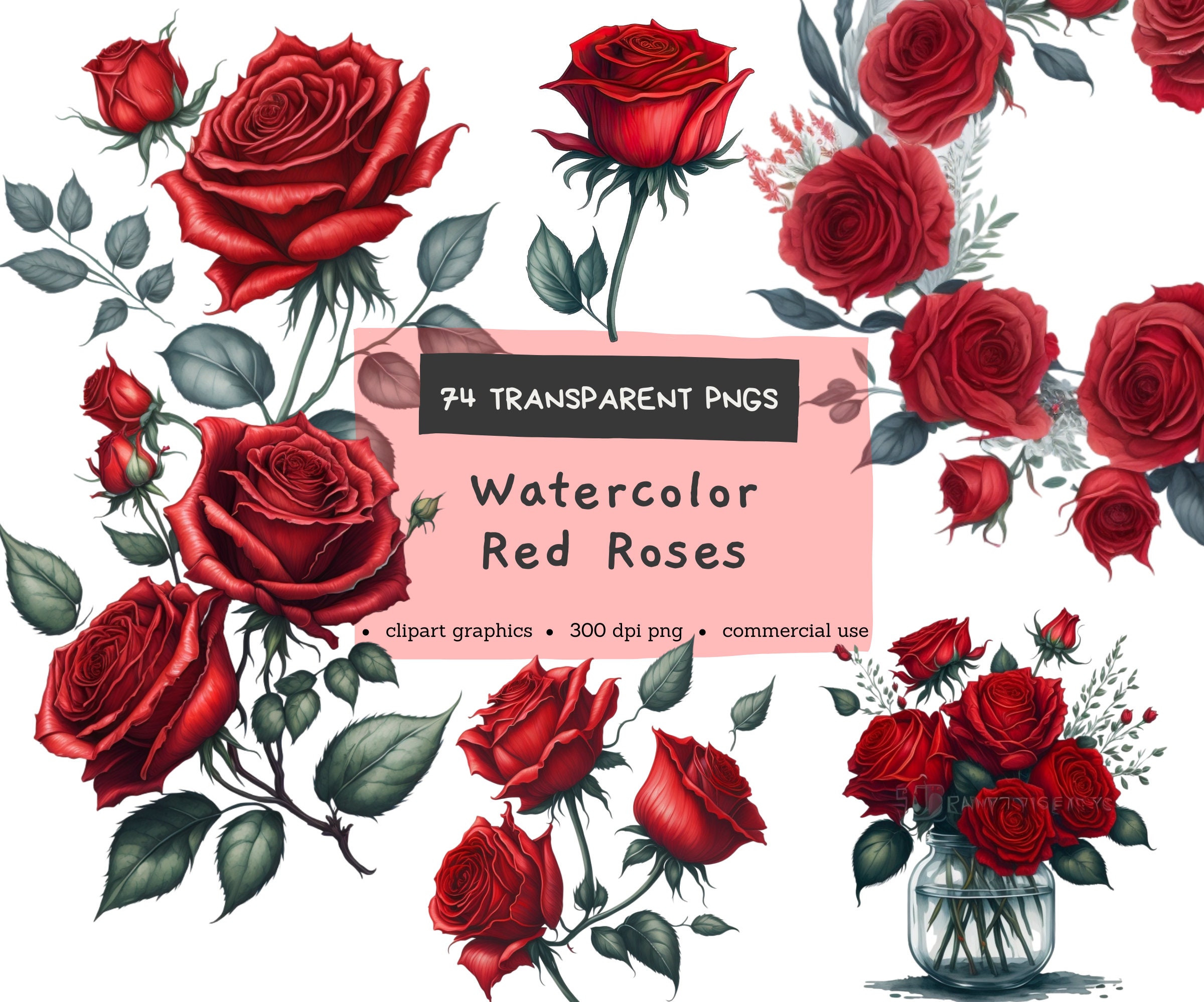 74 Watercolor Floral Red Roses Clipart Fall Flowers Floral PNG ...