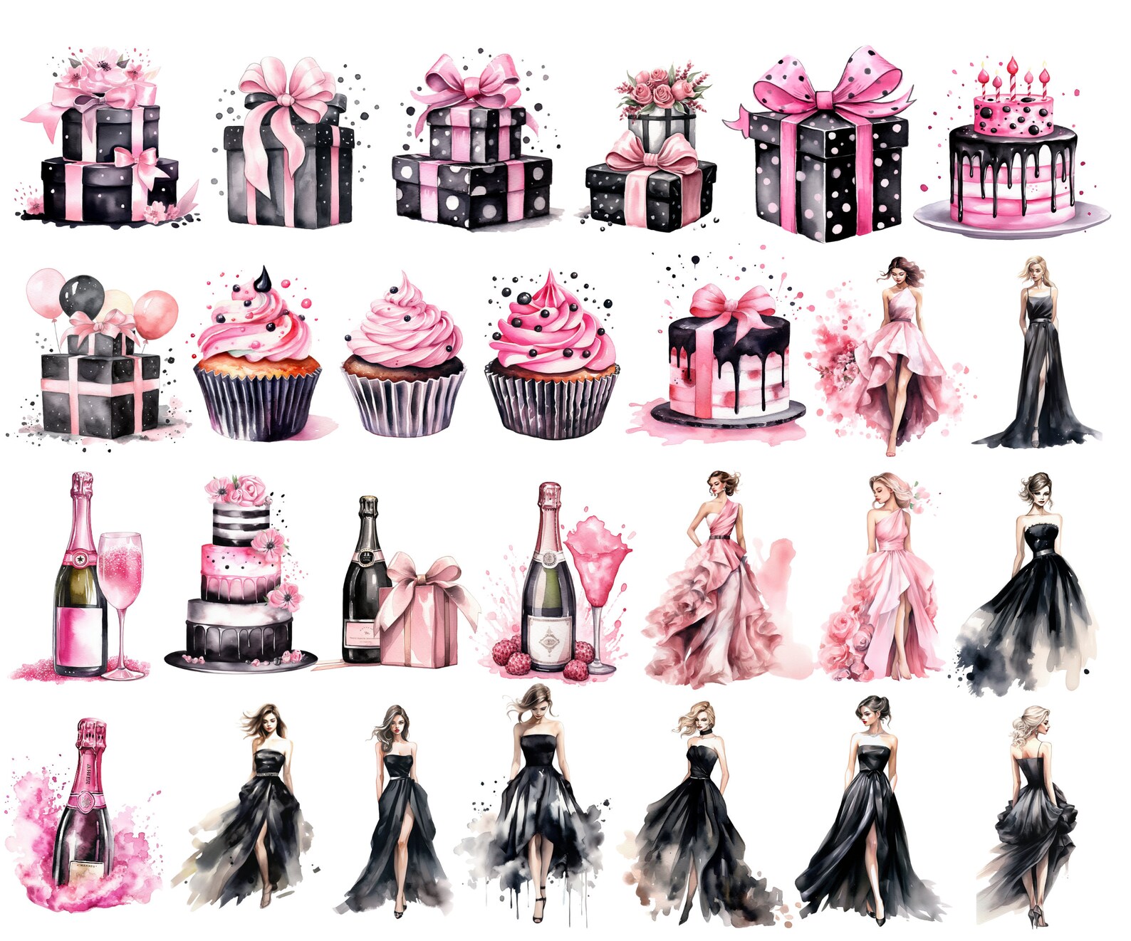 Black & Pink Party Clipart, Balloons, Gifts, Champagne, Digital ...