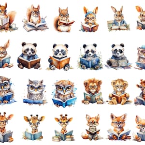 Reading Animals Clip Art, Booklover Animals, Nursery, Digital Pintables ...