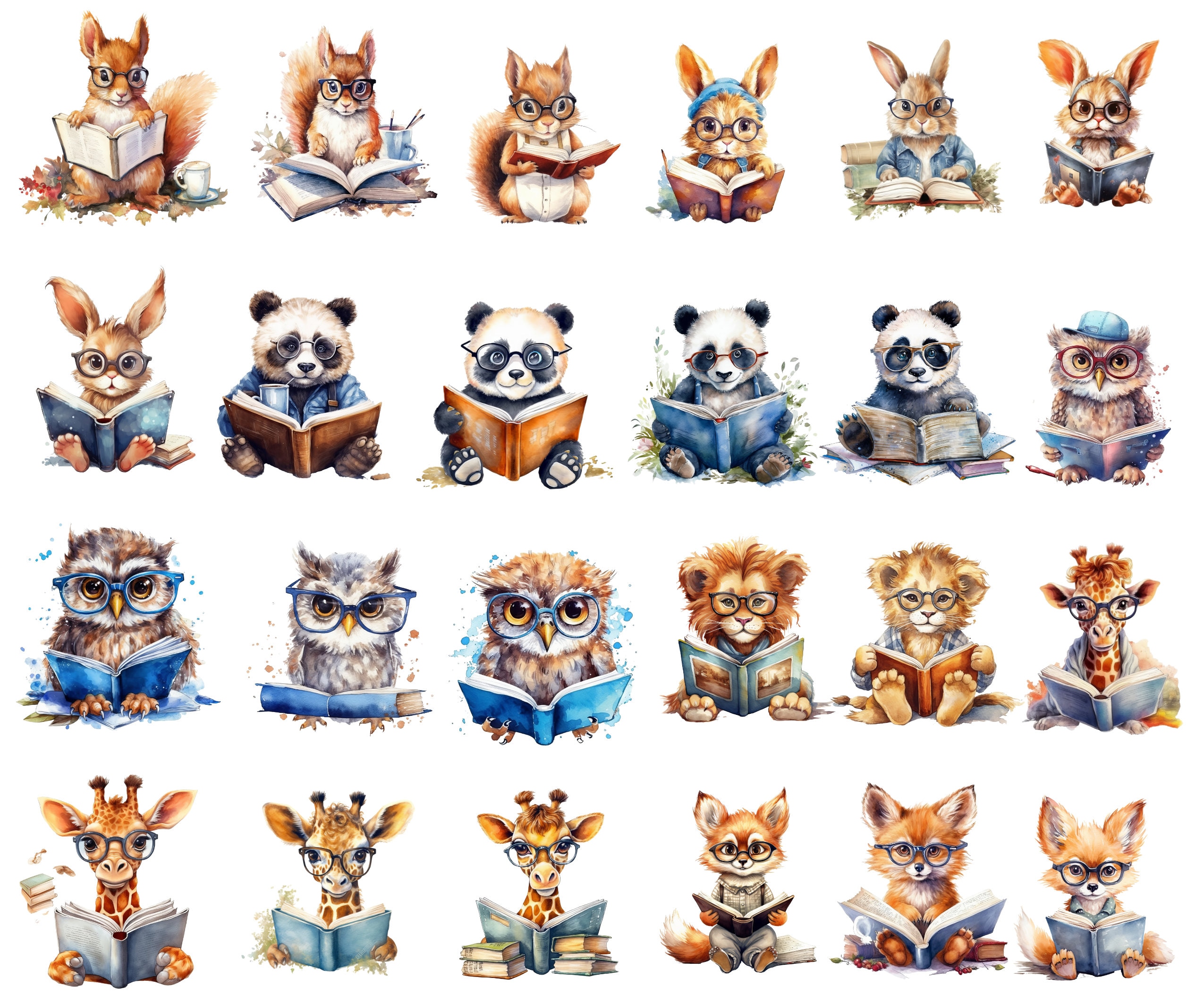 Reading Animals Clip Art, Booklover Animals, Nursery, Digital Pintables ...