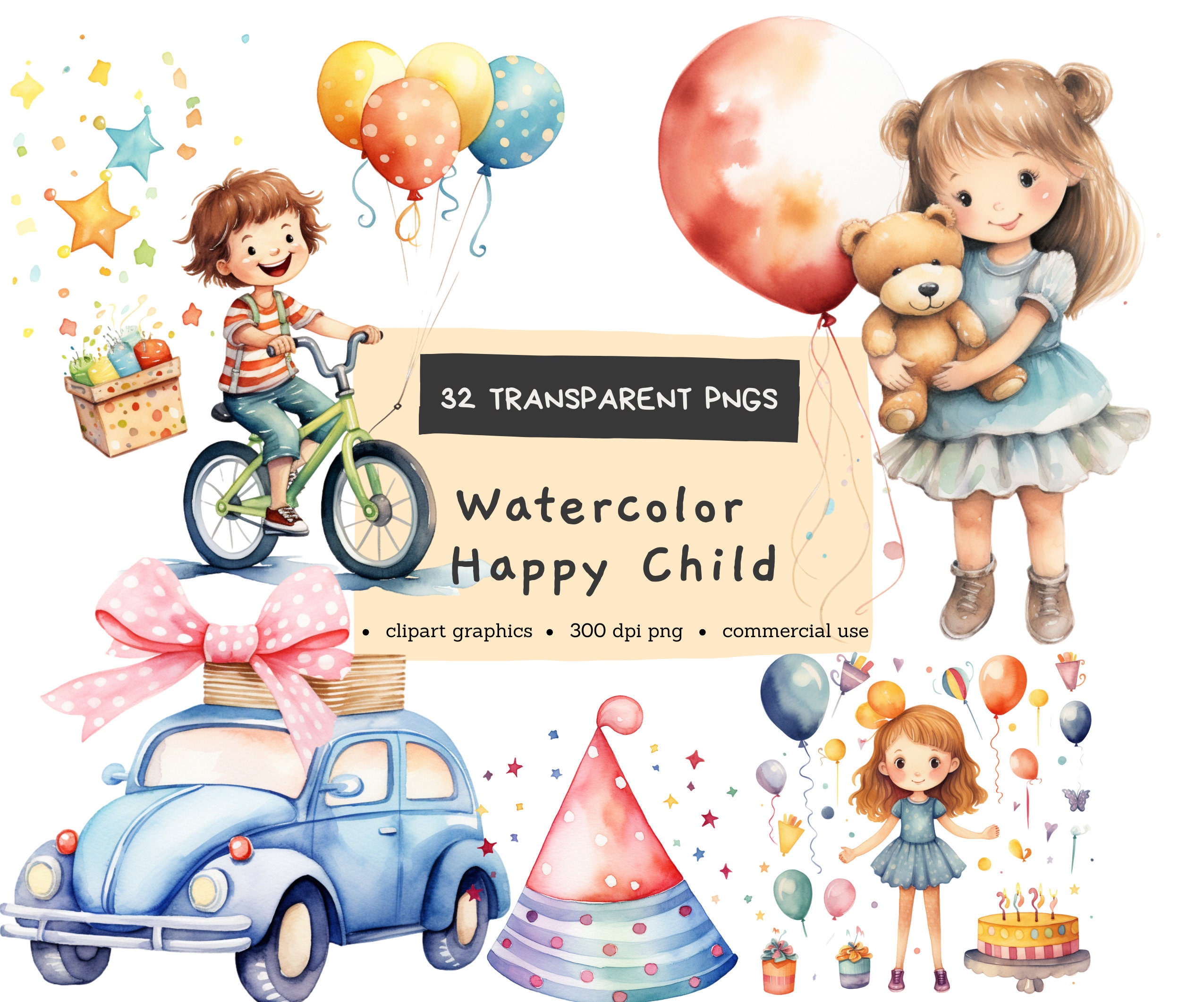 Happy Kids Clipart, Balloons, Party, Present, Digital Pintables, Bundle ...