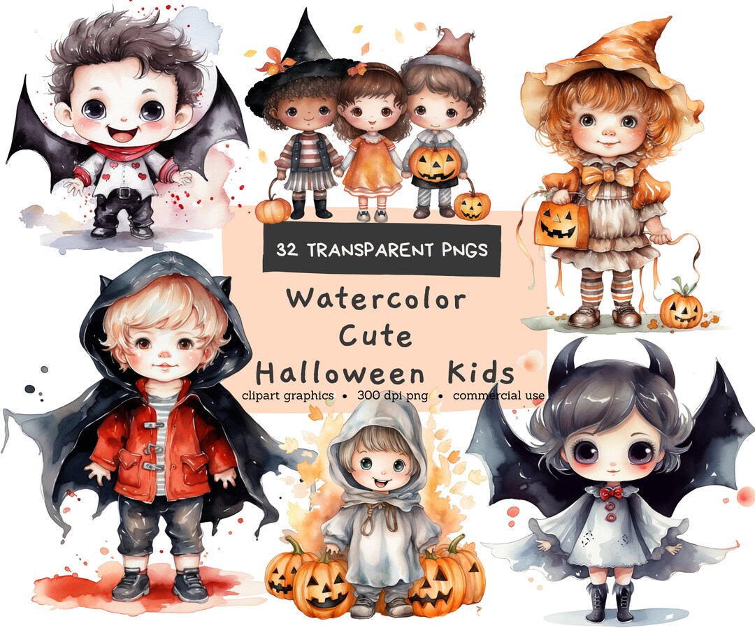 Cute Cartoon Kids in Halloween Costume, Trick or Treat, Digital ...