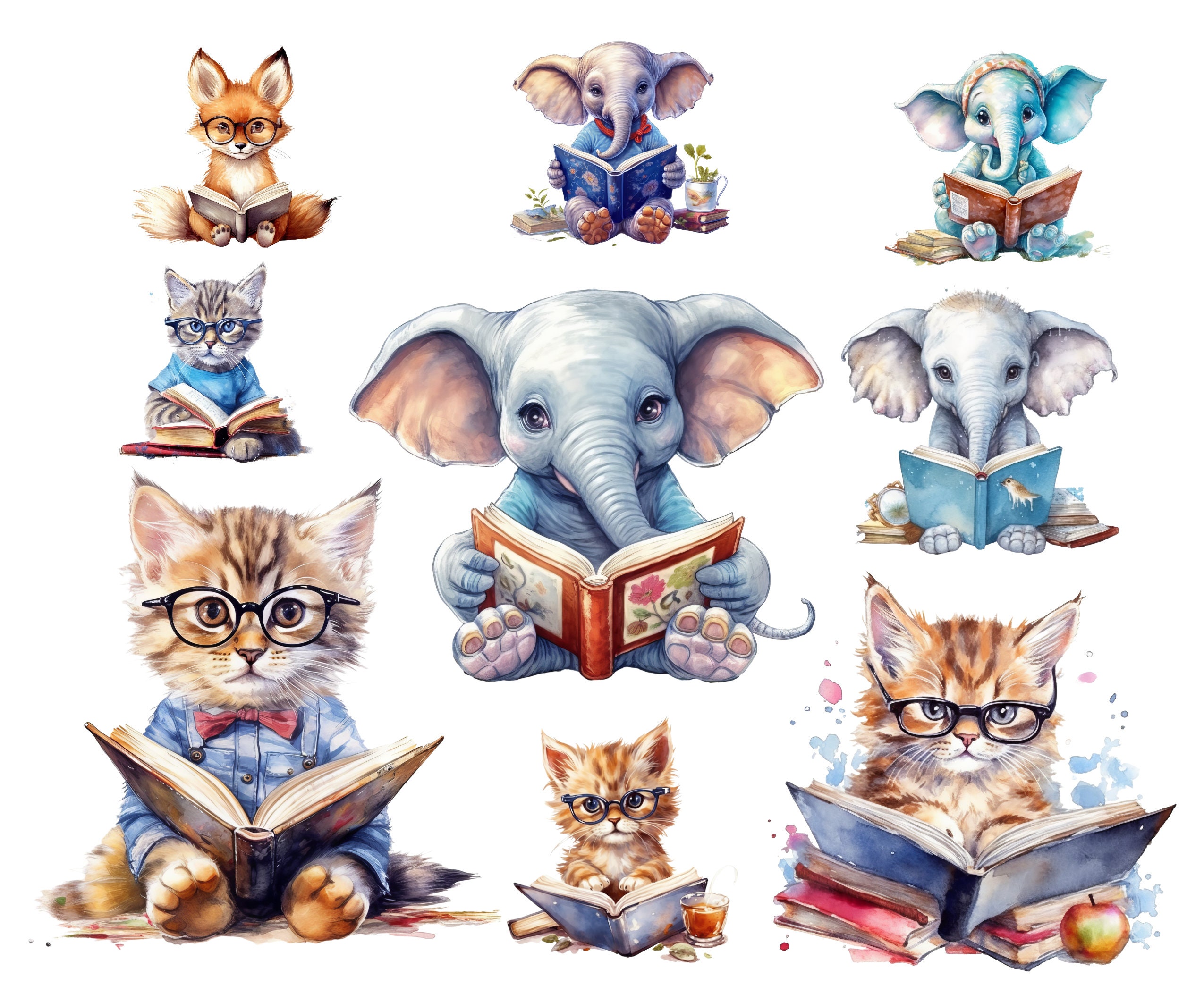 Reading Animals Clip Art, Booklover Animals, Nursery, Digital Pintables ...